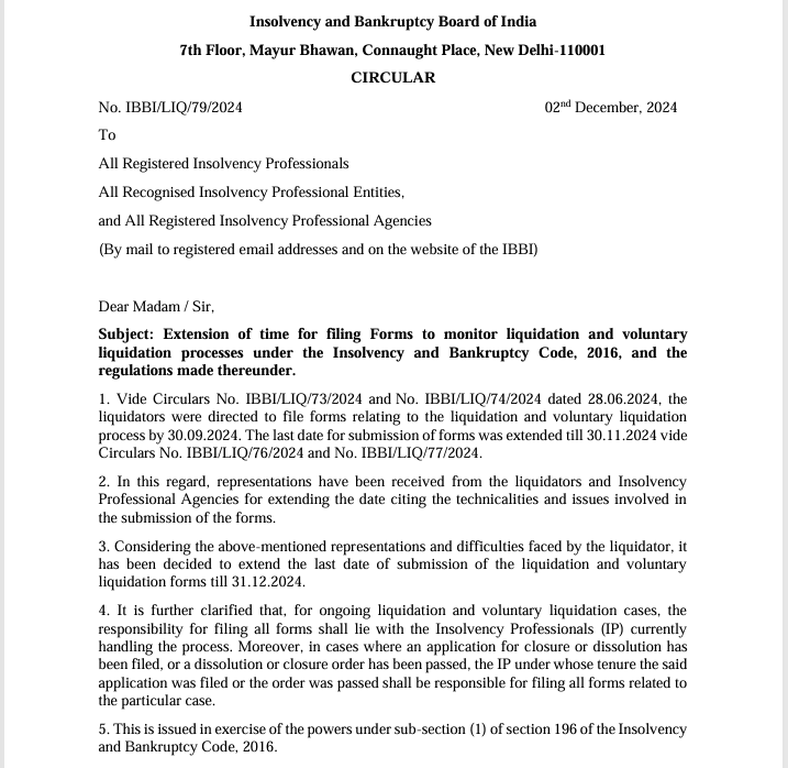 Extension of Deadline for Filing Liquidation Forms under the Insolvency ...